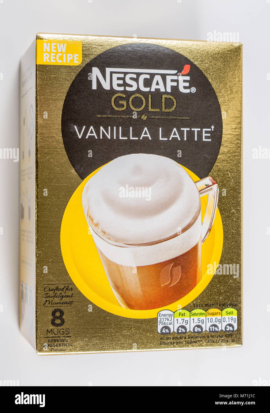 A box of Nescafe Gold coffee Vanilla Latte sachets on a white ...