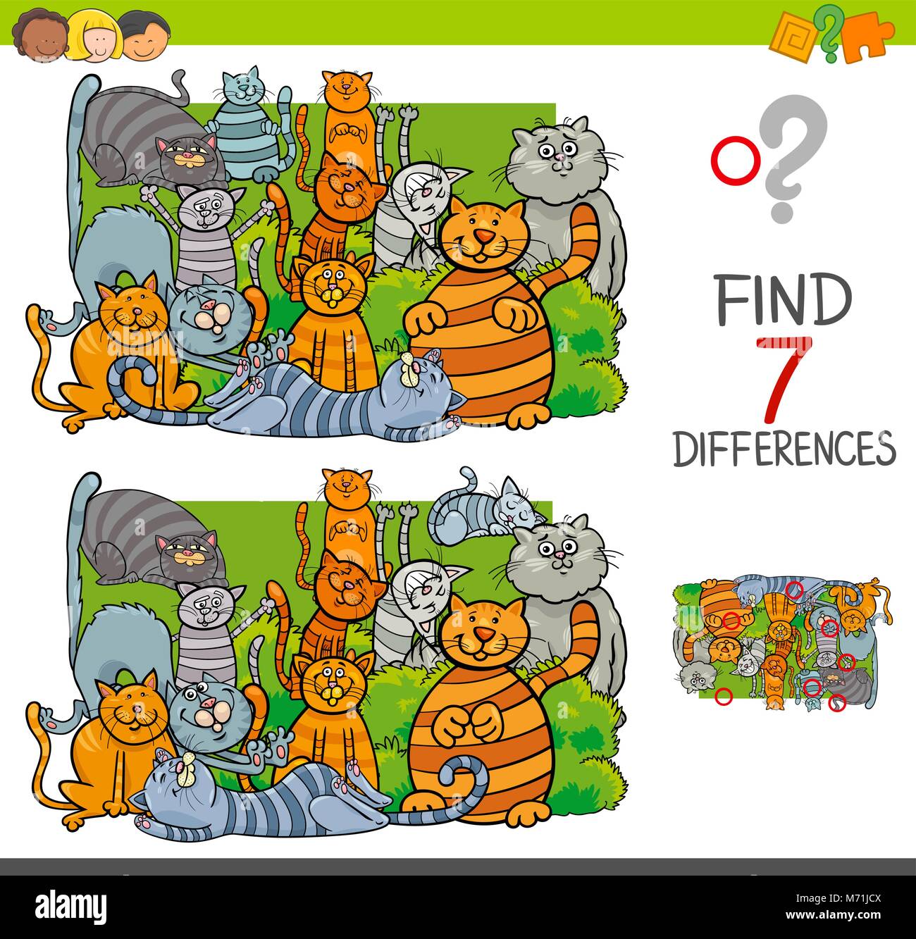 Cartoon Illustration of Finding Seven Differences Between Pictures Educational Activity Game for ...