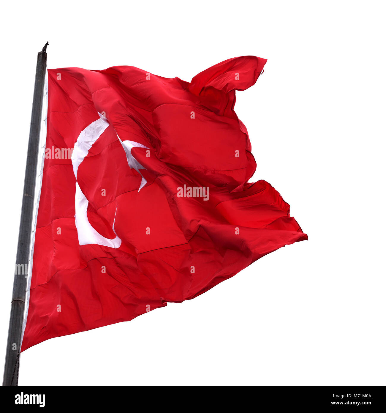 Flag of Turkey on flagpole waving in wind. Isolated on white background ...
