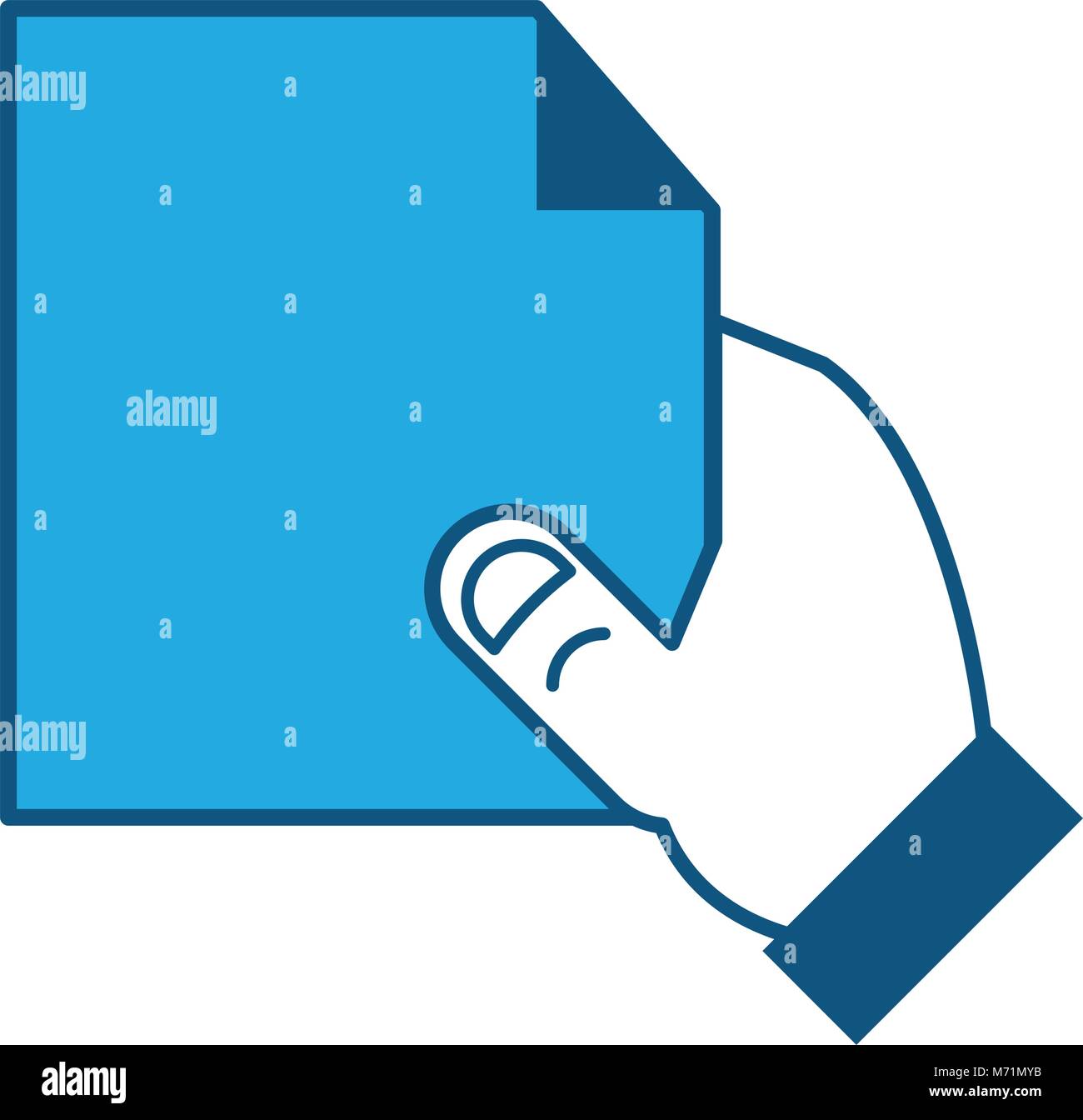 Hand with Document page icon over white background, blue shading design ...
