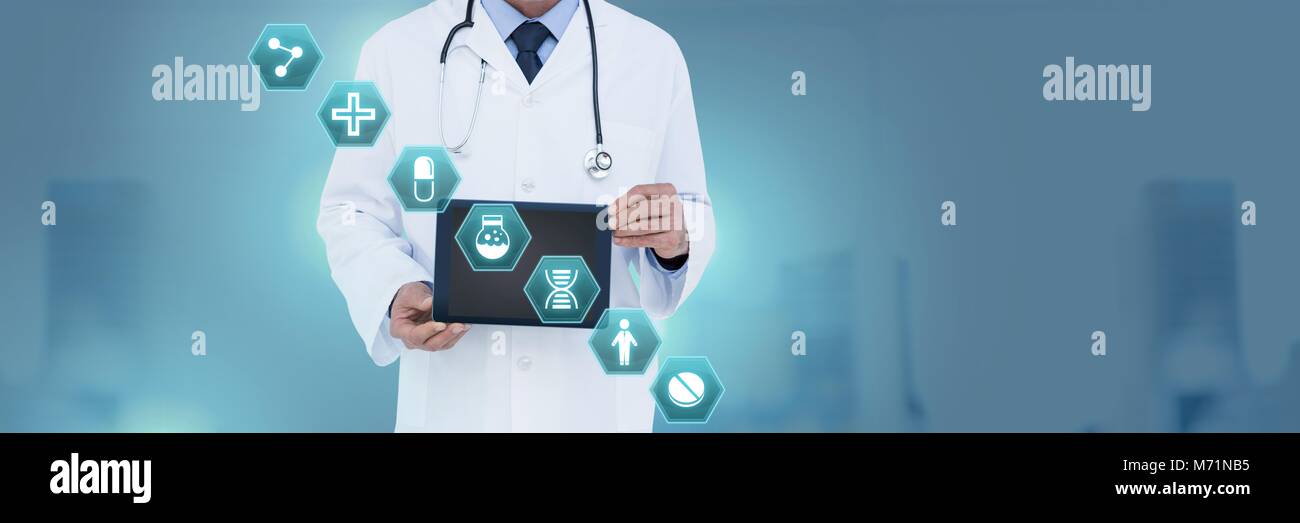 Doctor holding tablet with medical interface hexagon icons Stock Photo ...