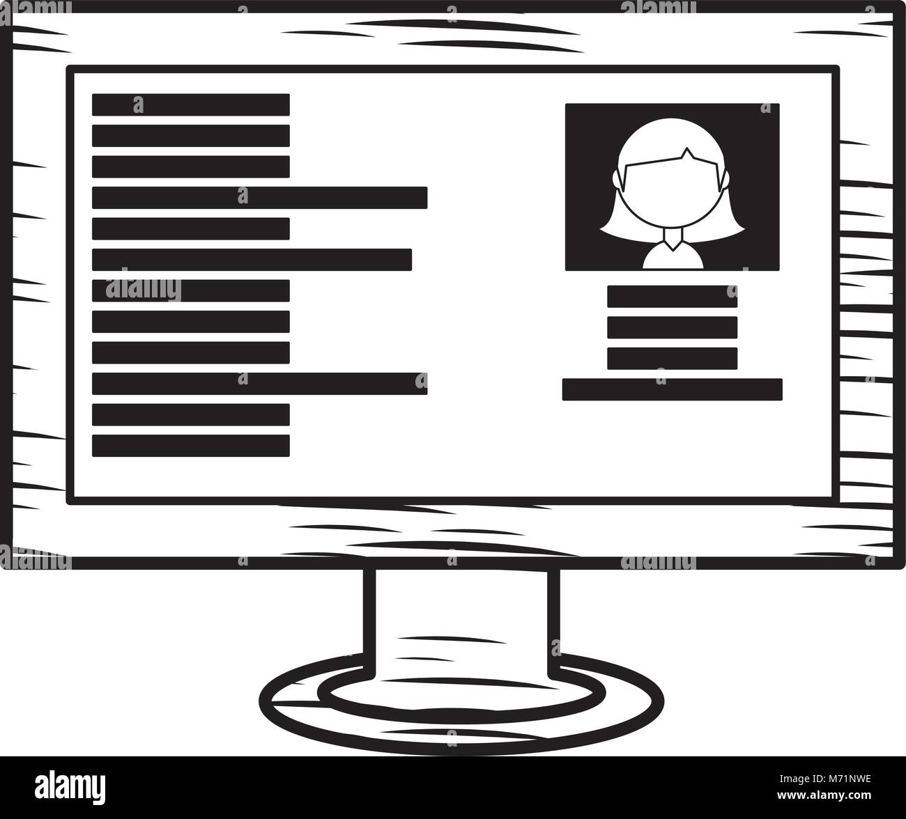 sketch of Computer with social profile on screen over white background ...