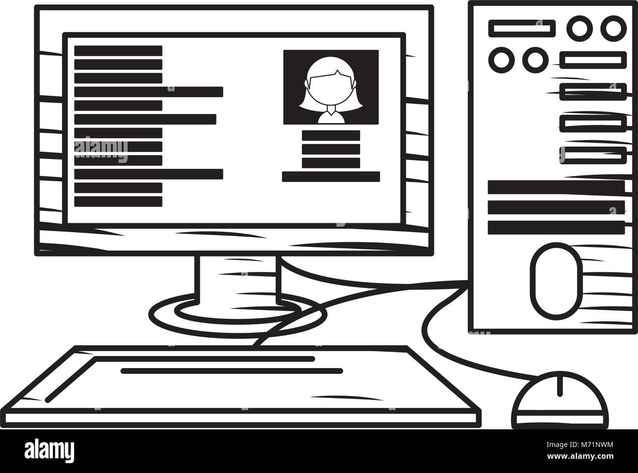 sketch of Computer with social profile on screen over white background ...