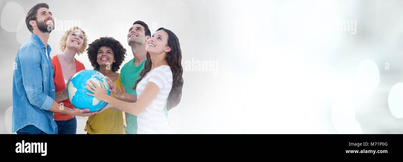 Teamwork transition with people holding world globe Stock Photo - Alamy
