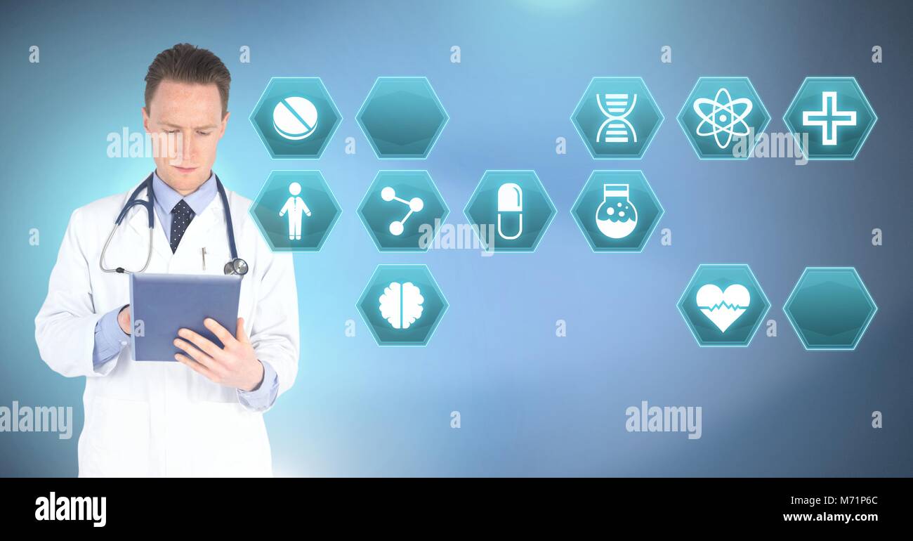 Male doctor holding tablet with medical interface hexagon icons Stock ...