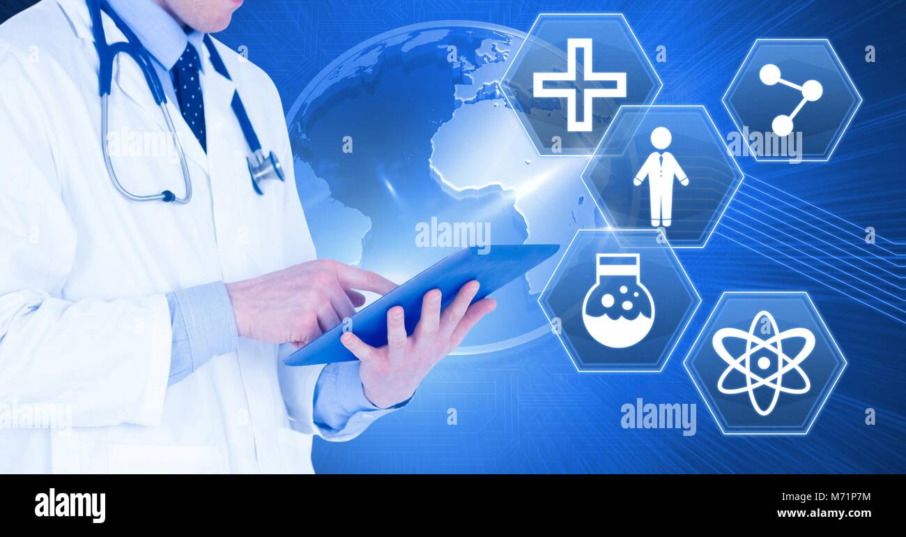 Male doctor holding tablet with medical interface hexagon icons and ...