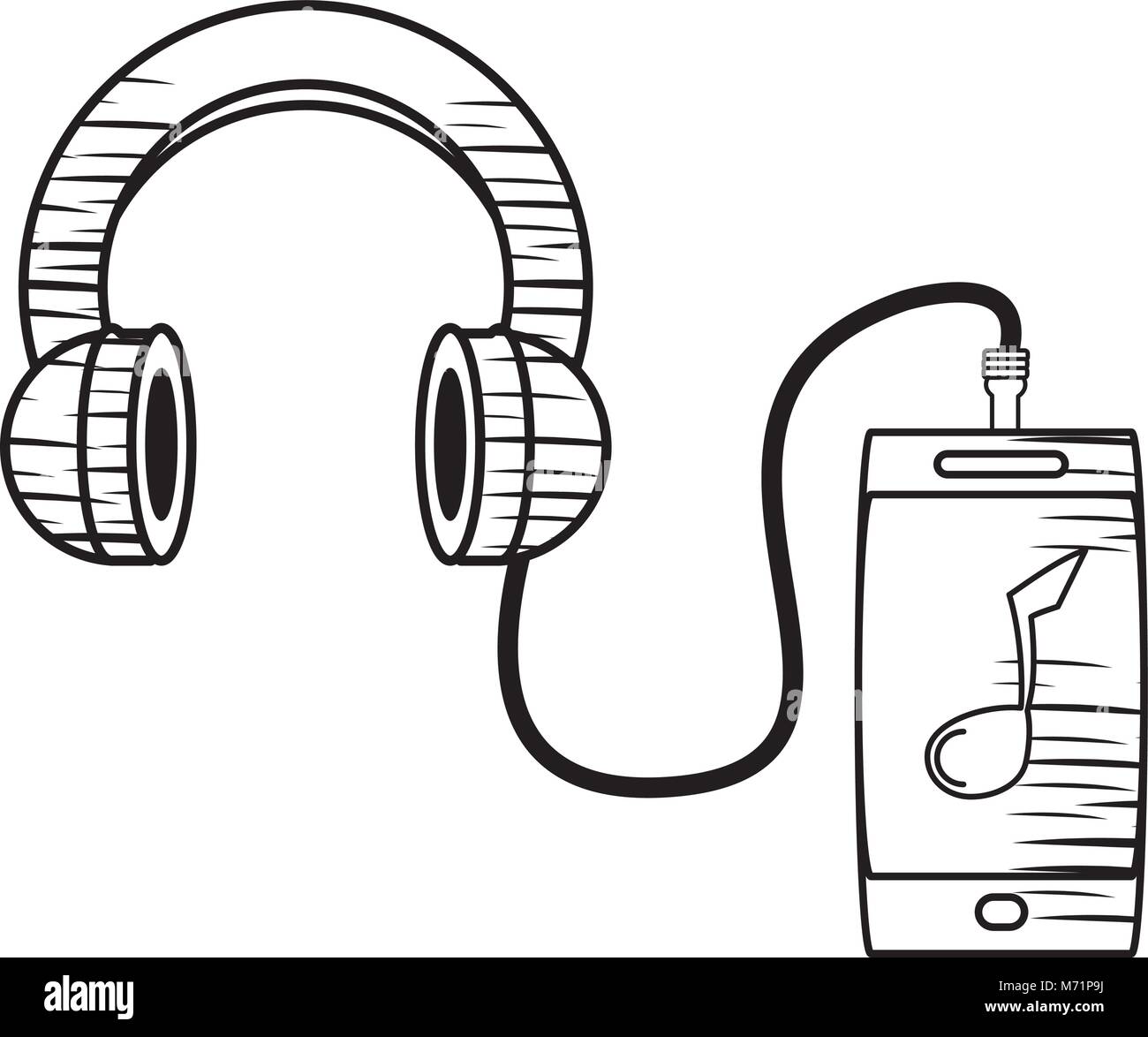 sketch of music player device and Headphones icon over white background ...