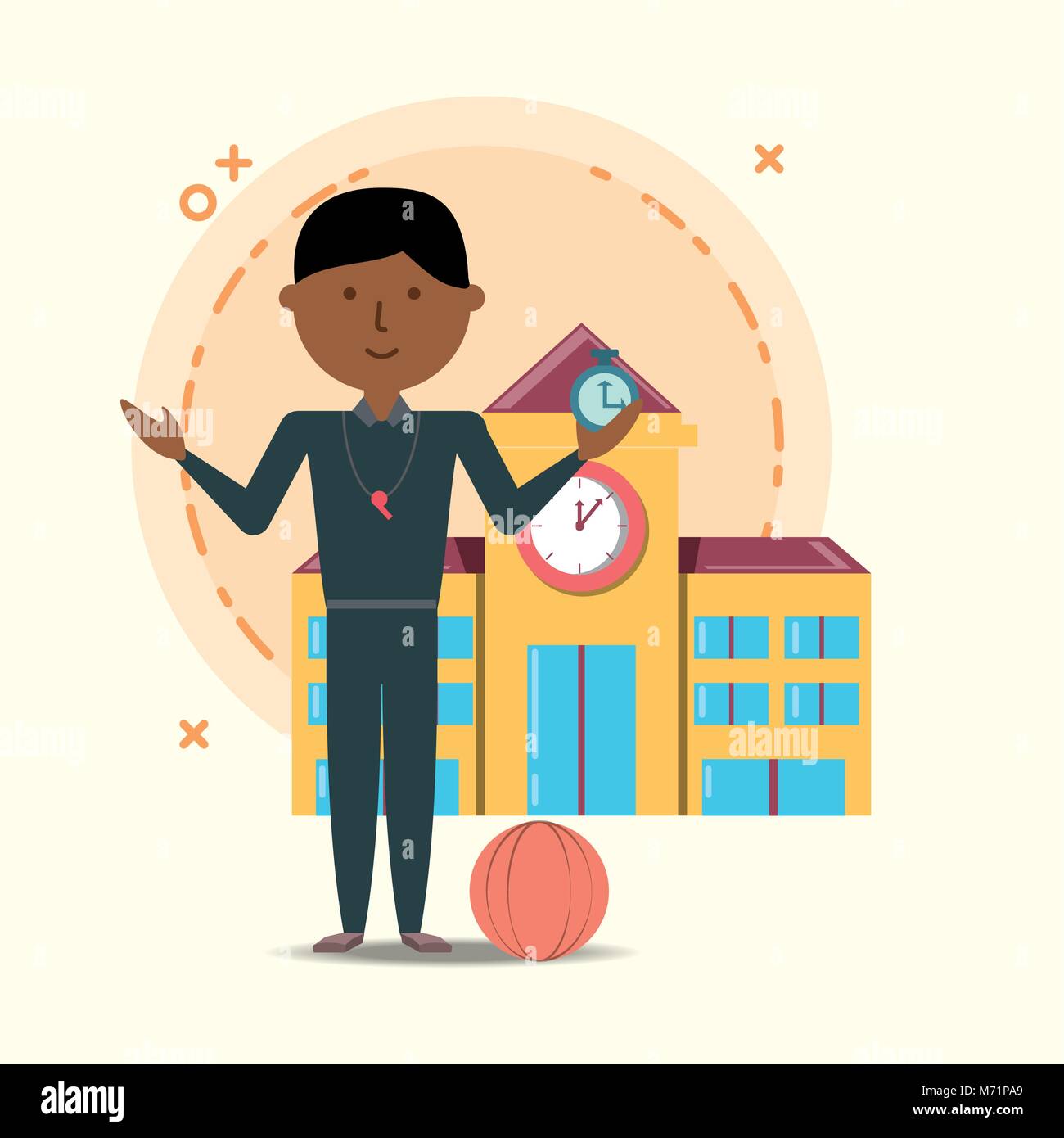 cartoon sports teacher and School building over white background ...