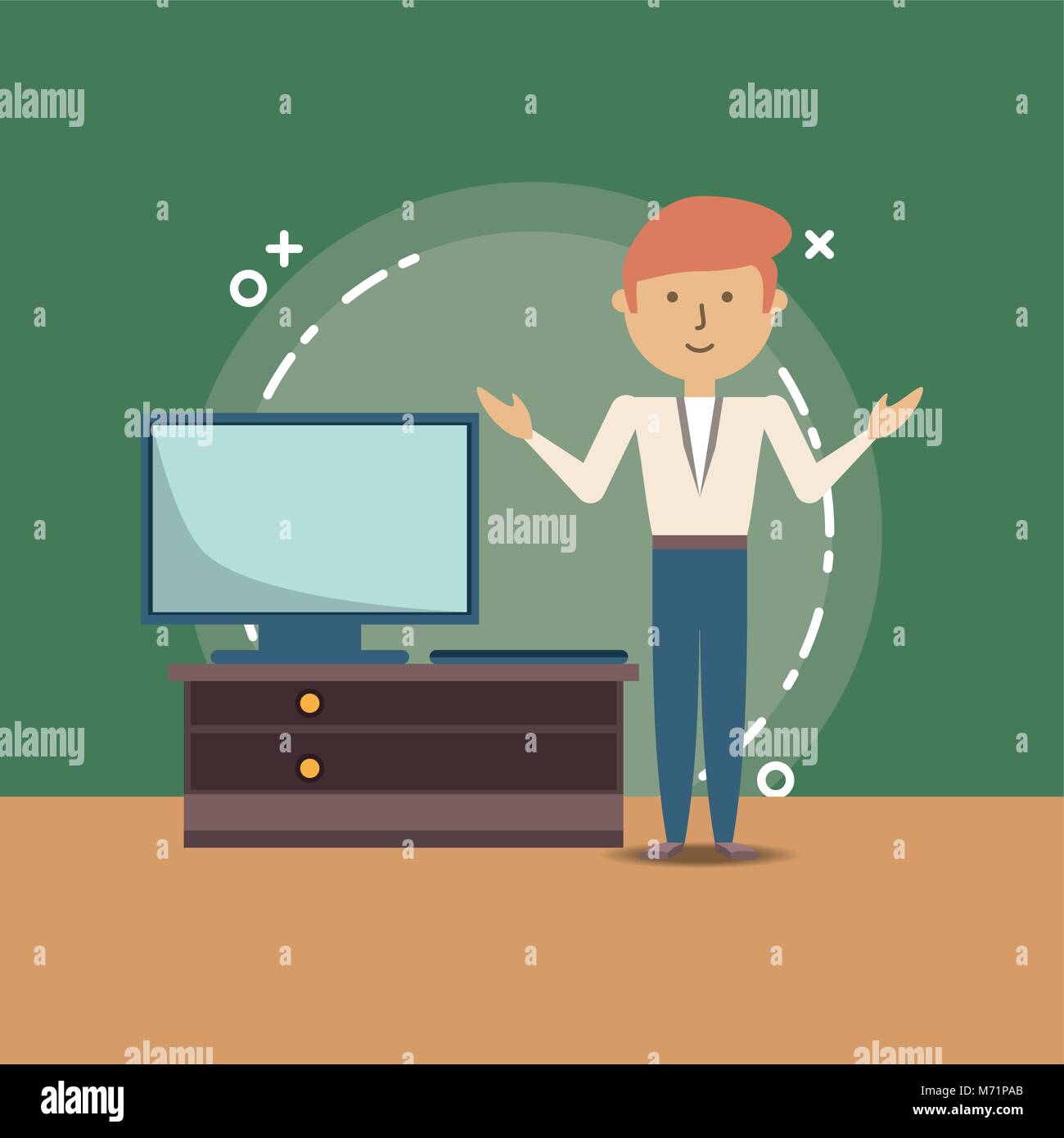 cartoon school teacher and television on a drawer over green background ...