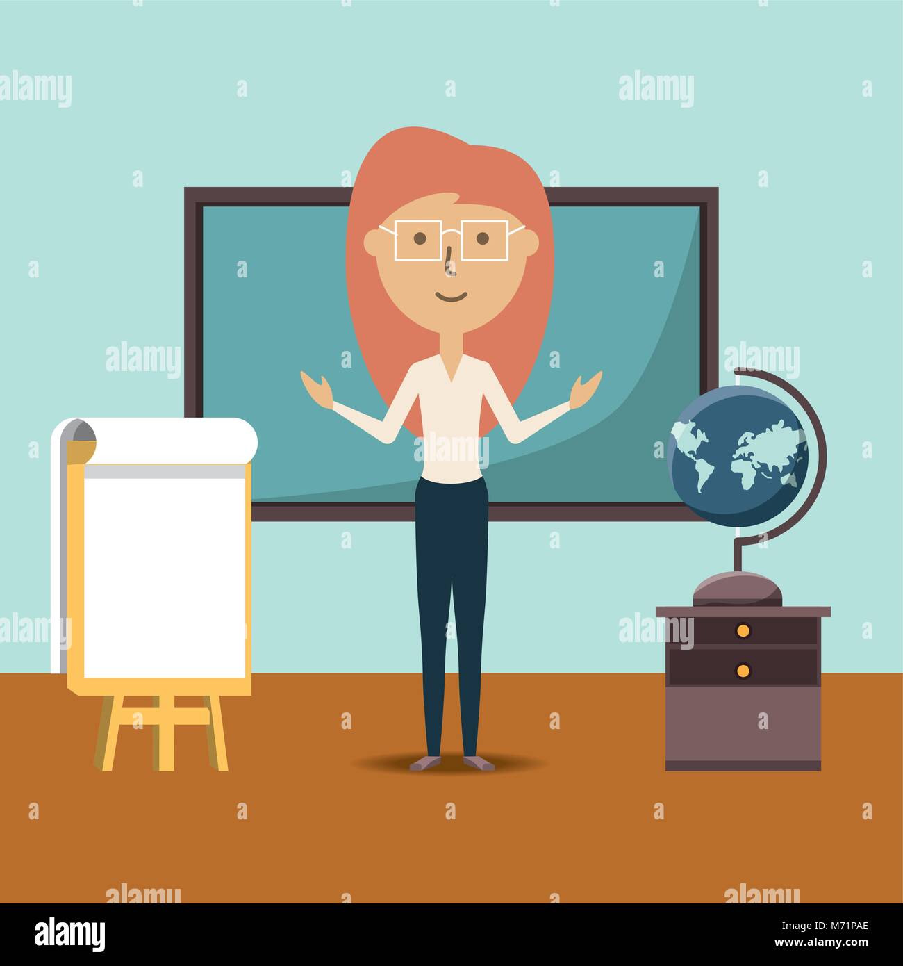 School geography teacher at the board with geography tool over blue ...