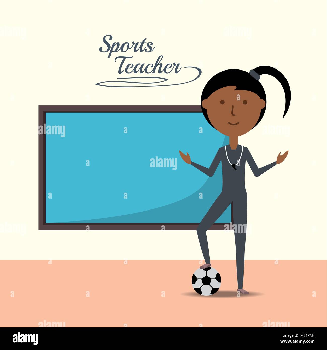 School sports teacher with soccer ball at the board over white ...