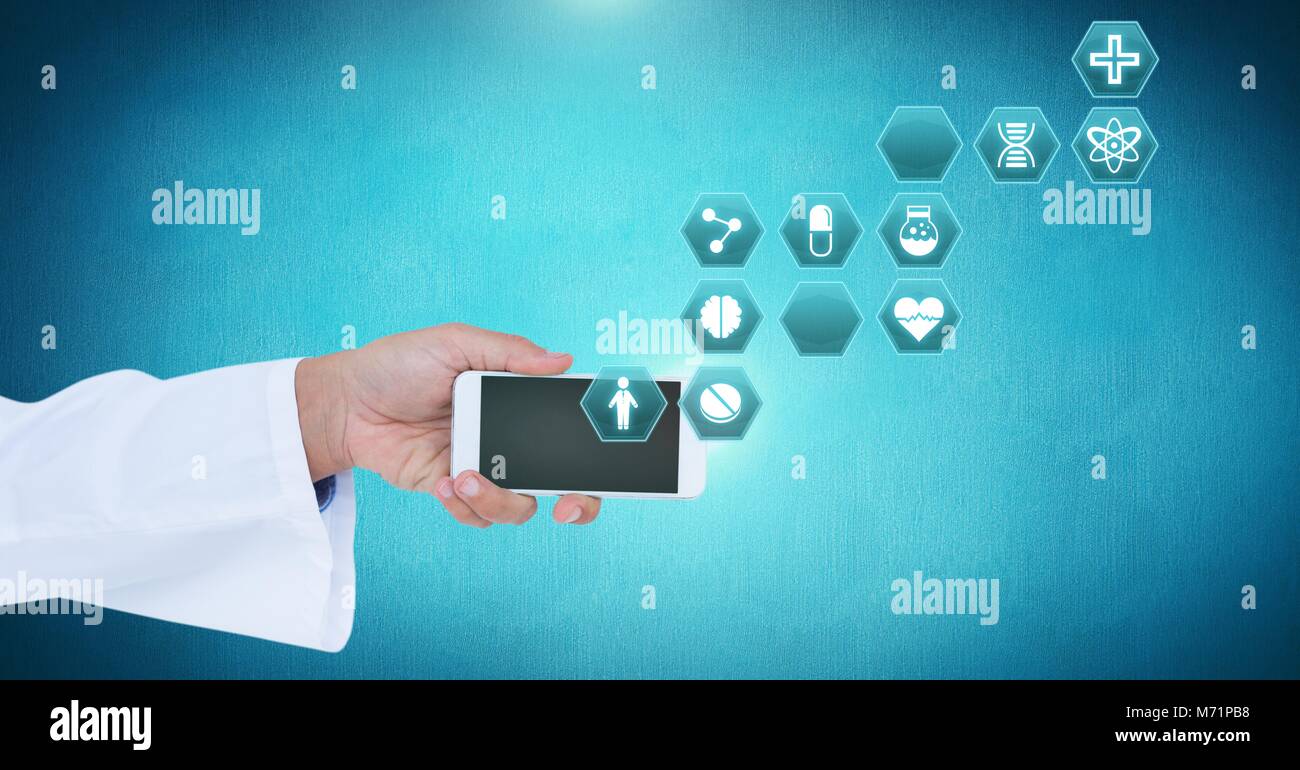 Male doctor holding phone with medical interface hexagon icons Stock ...