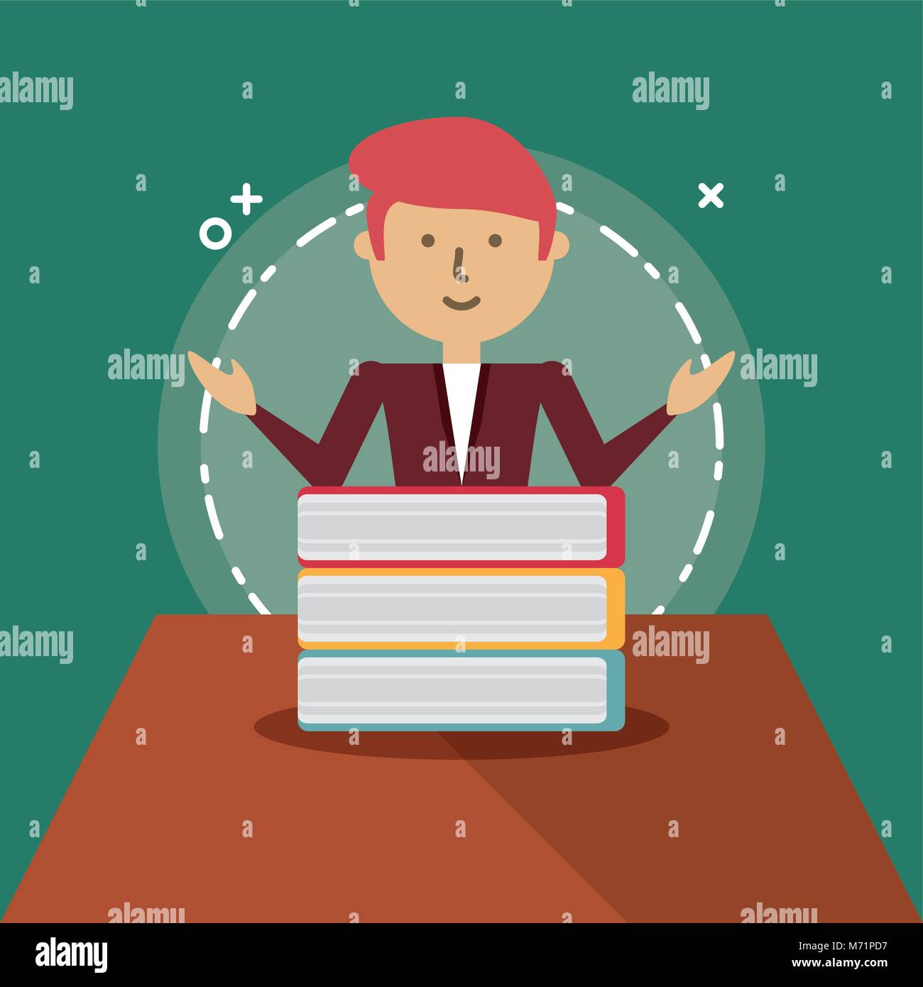 Cartoon man and stack of books over green background, colorful design ...