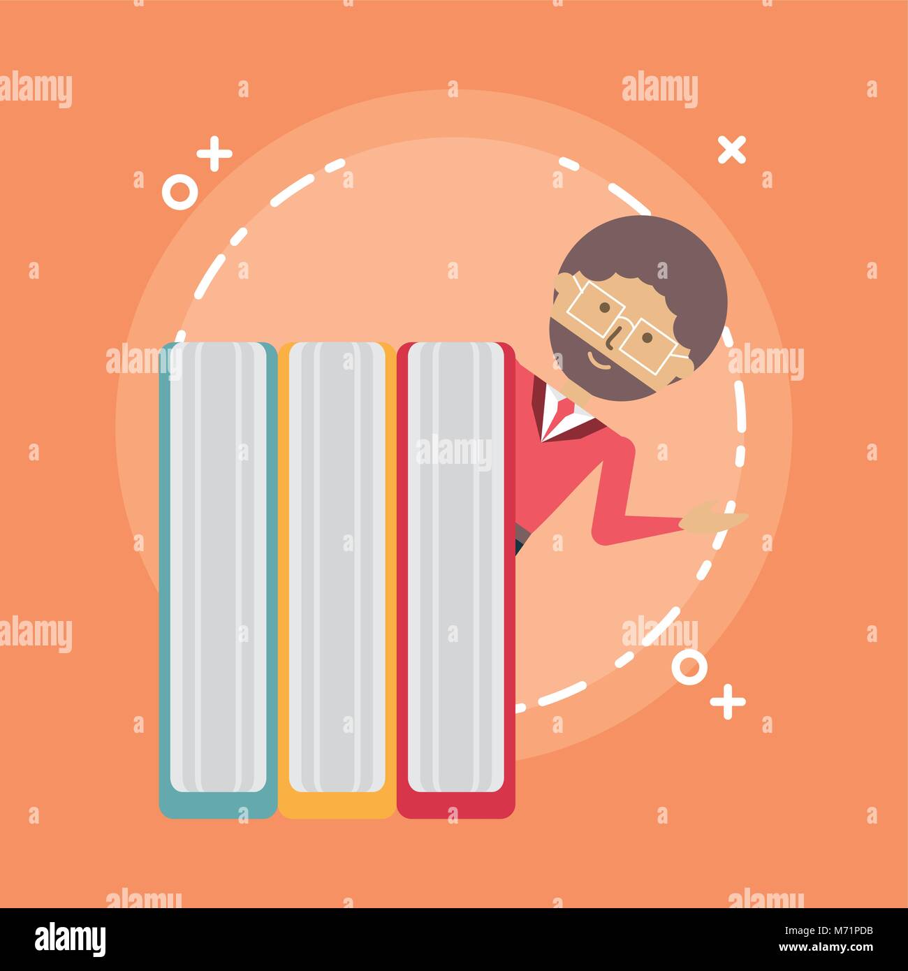 Cartoon school teacher and stack of books over orange background ...