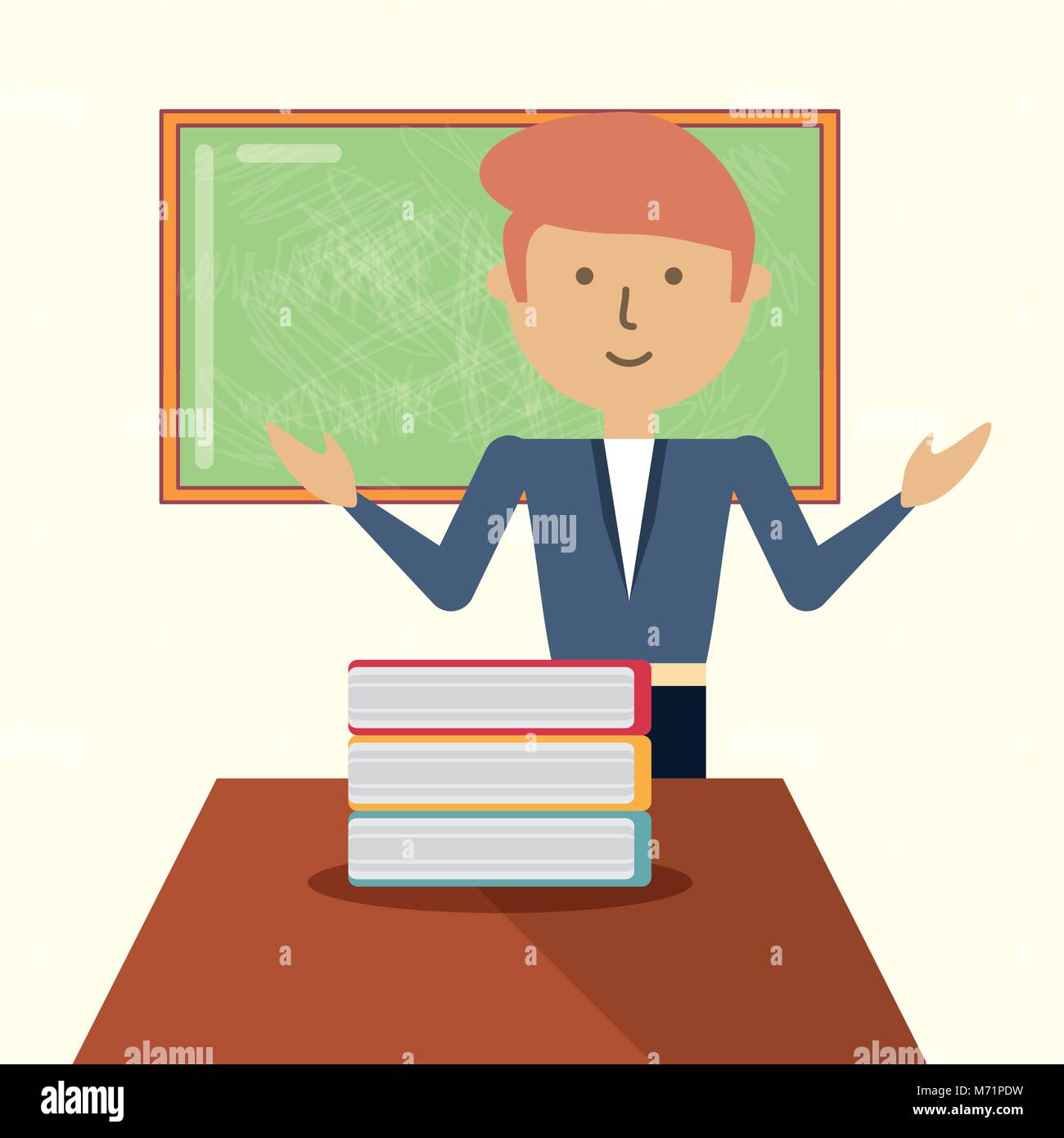 cartoon school teacher and desk with books over board and white ...