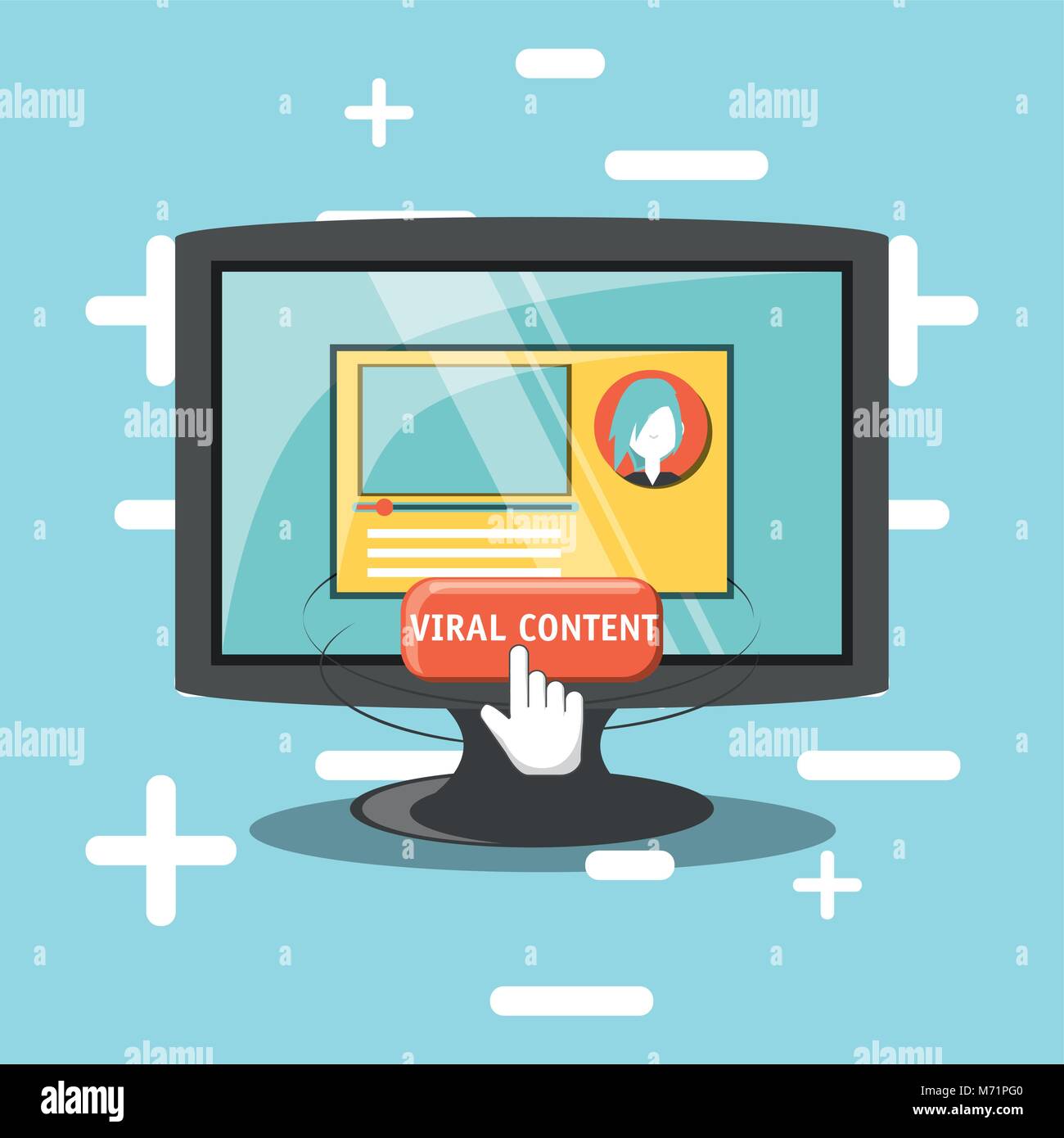 Viral content design with computer and related icons over blue ...