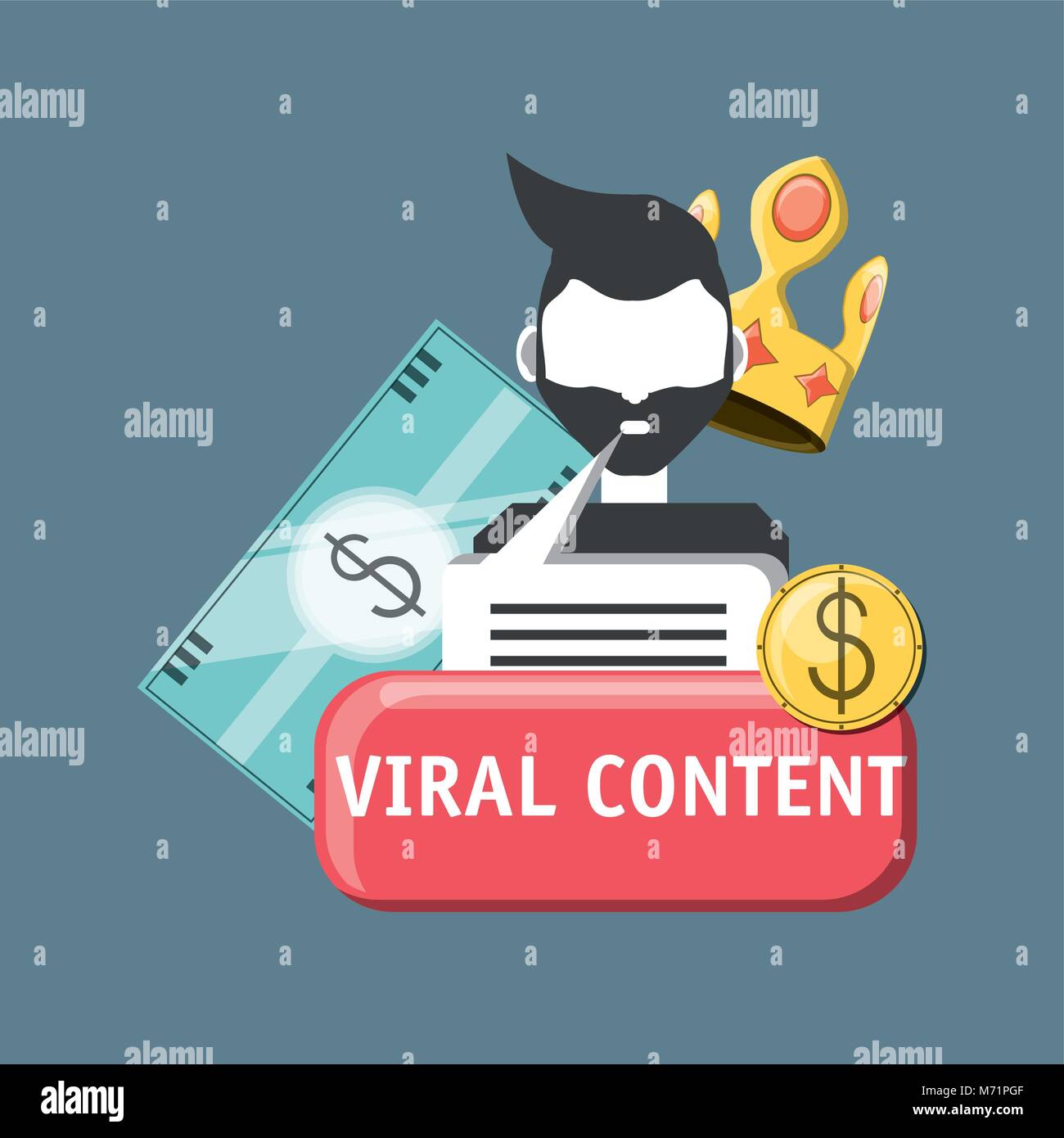 Viral content design with avatar man and related icons around, colorful ...