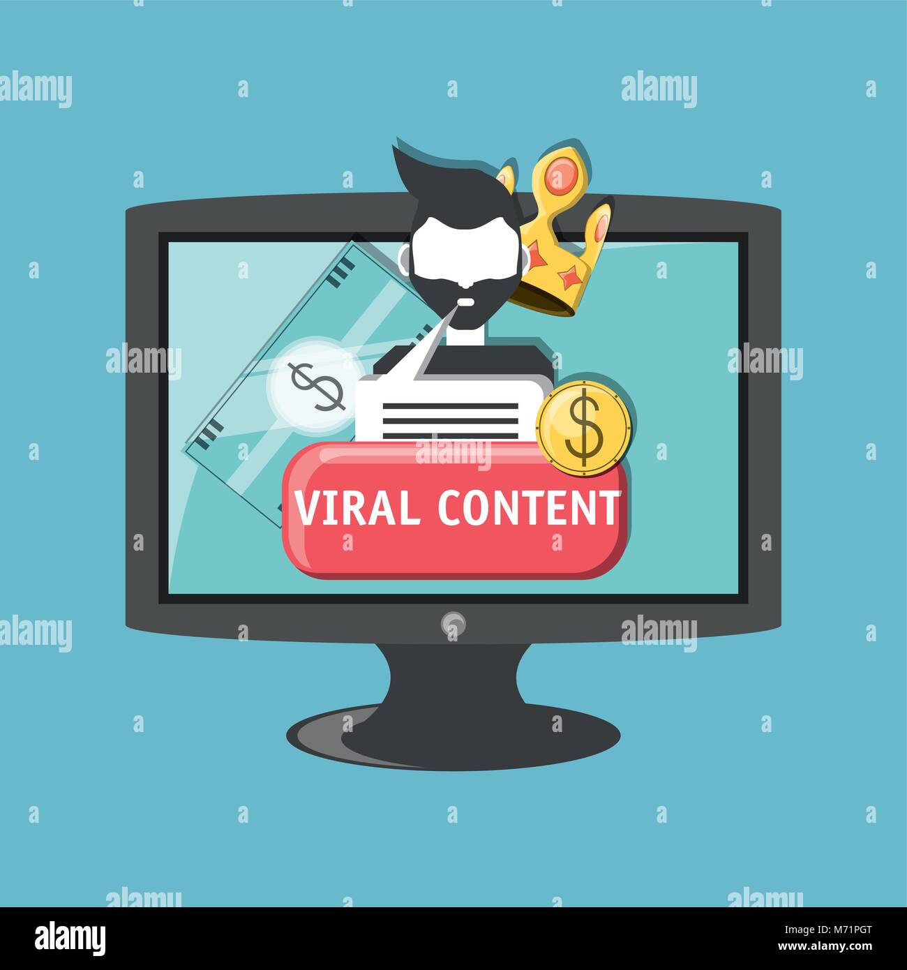 Viral content design with computer and avatar man with related icons ...