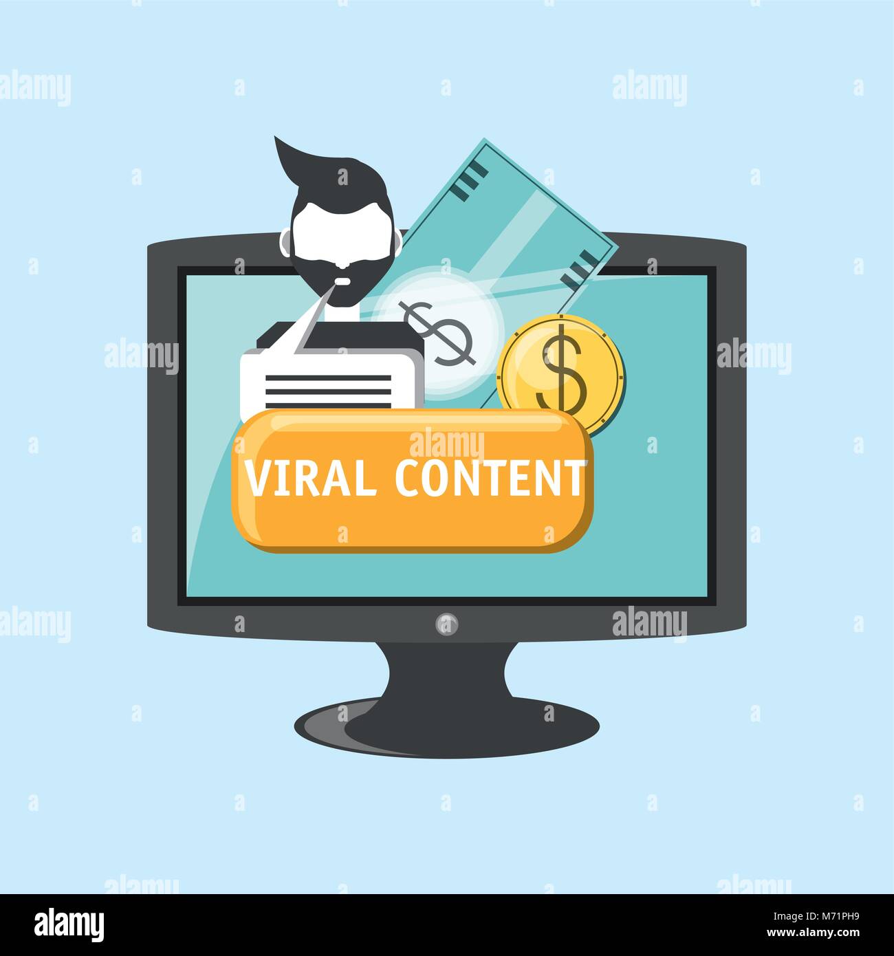 Viral content design with computer and avatar man with related icons ...