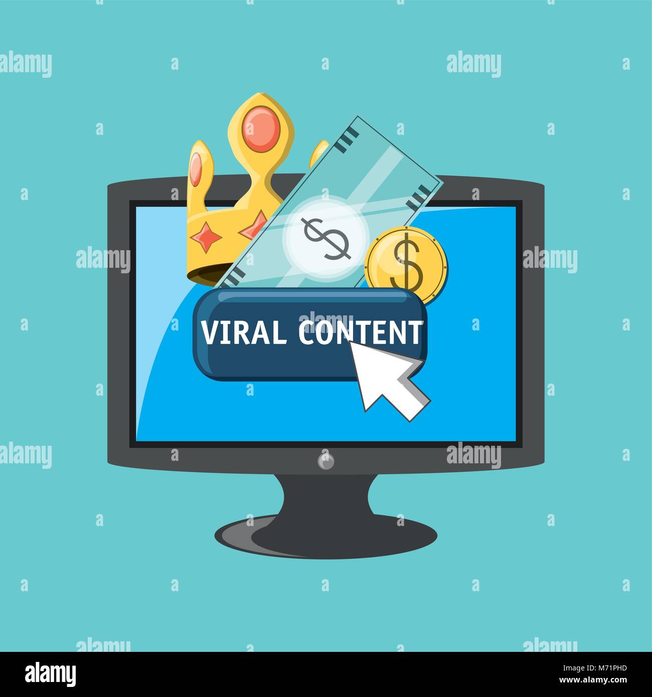 Viral content design with computer and related icons over blue ...