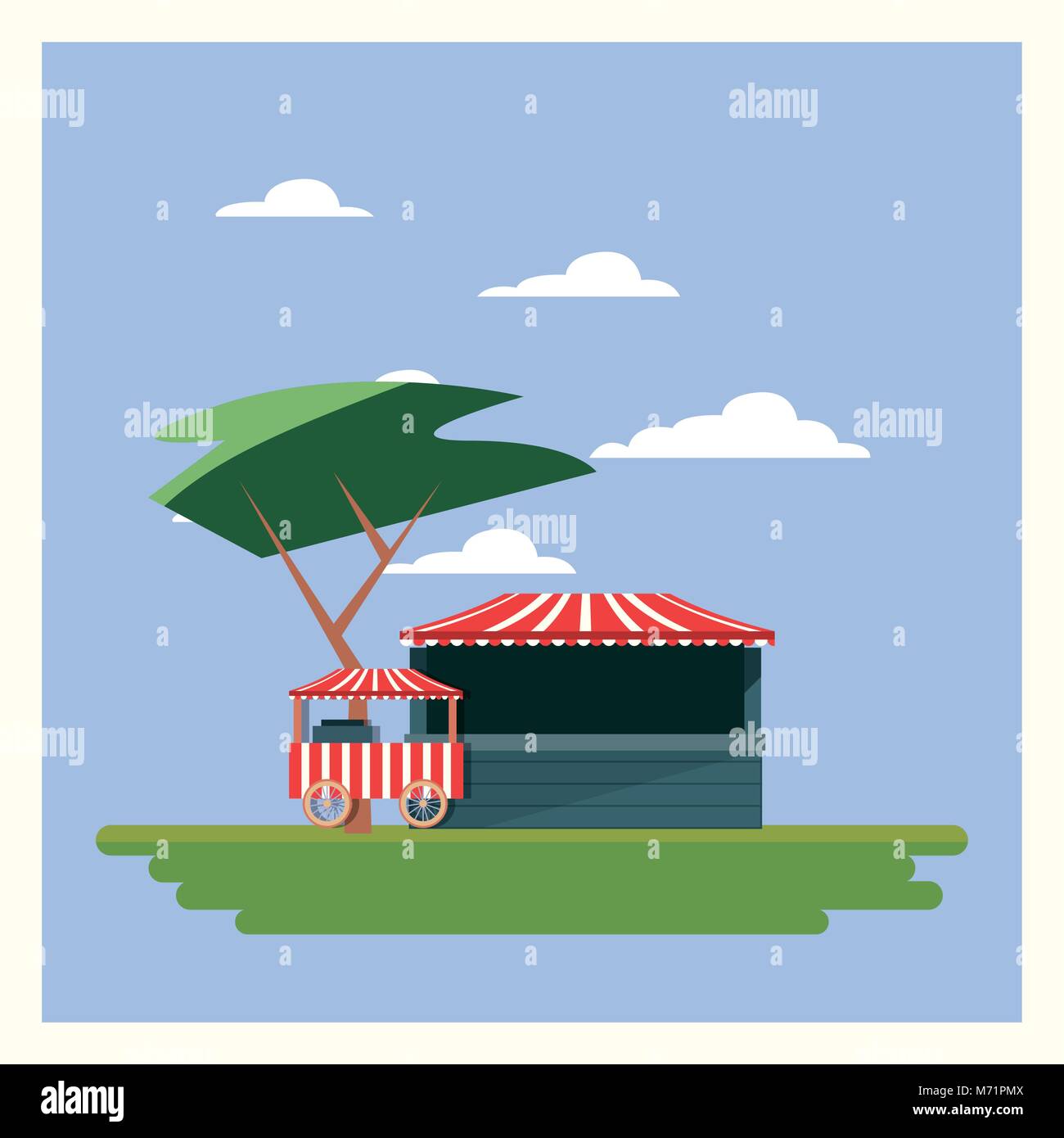 Circus carnival design with tickets store and food cart over blue ...
