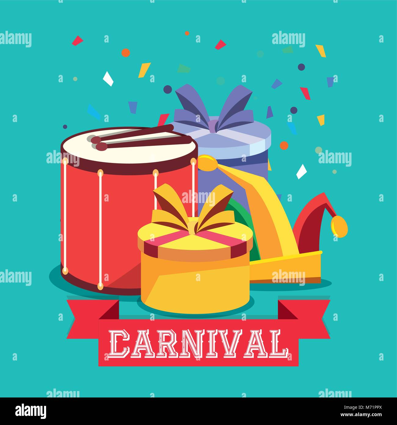 Carnival design with gift boxes and jester hat over blue background ...