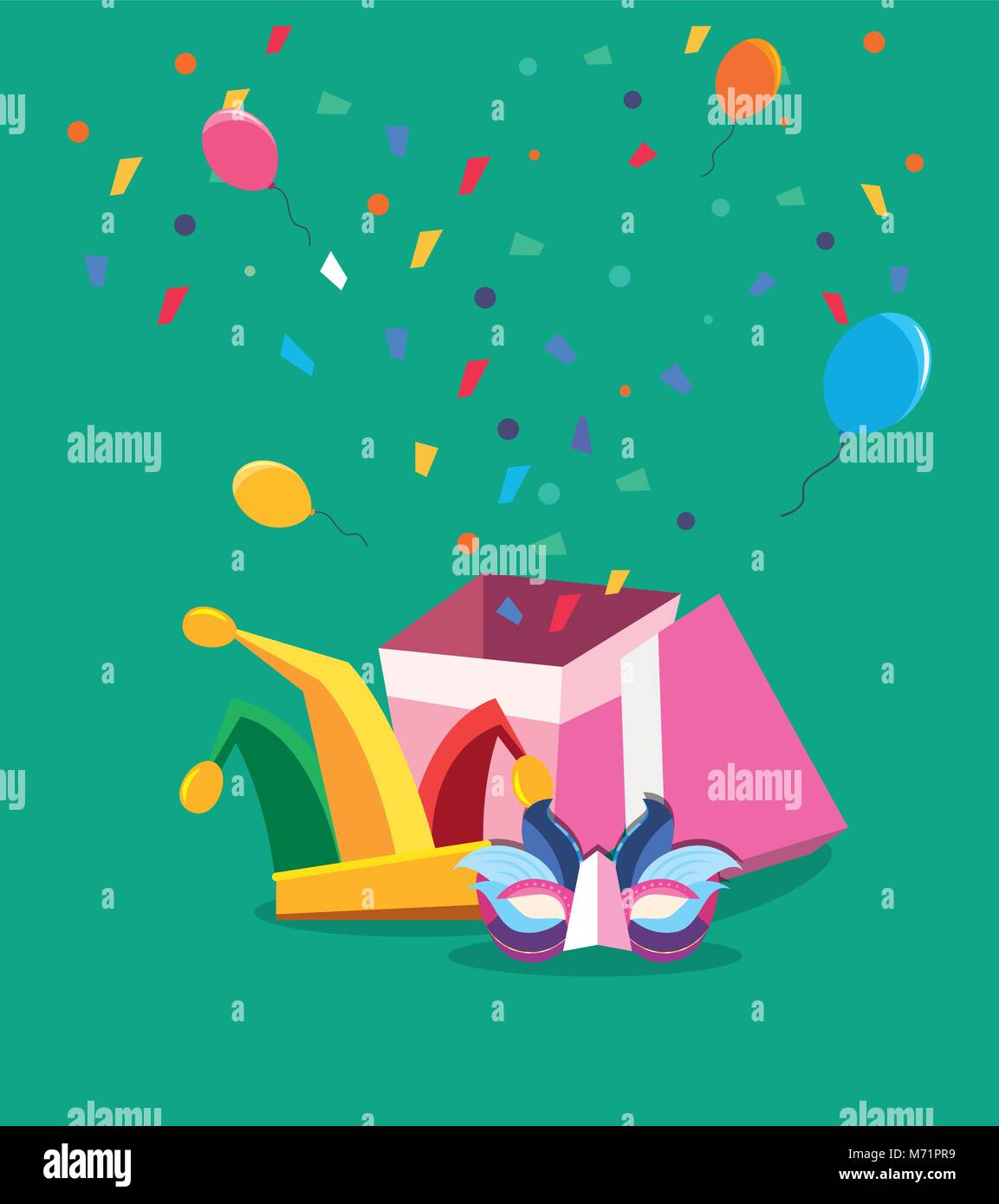 Carnival design with gift box and carnival mask and jester hat over ...