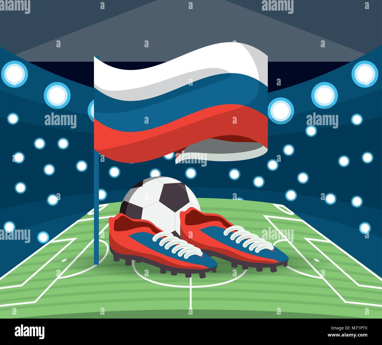 Russian flag and soccer related icons over stadium background, colorful ...