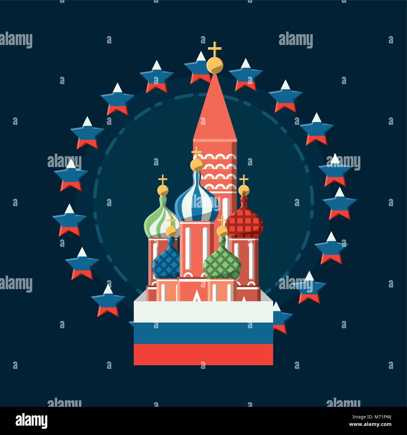 Saint basils cathedral with stars around over blue background, colorful ...