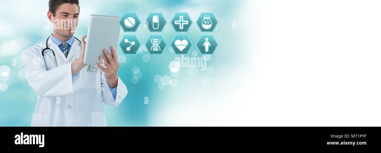 Male doctor holding tablet with medical interface hexagon icons Stock ...