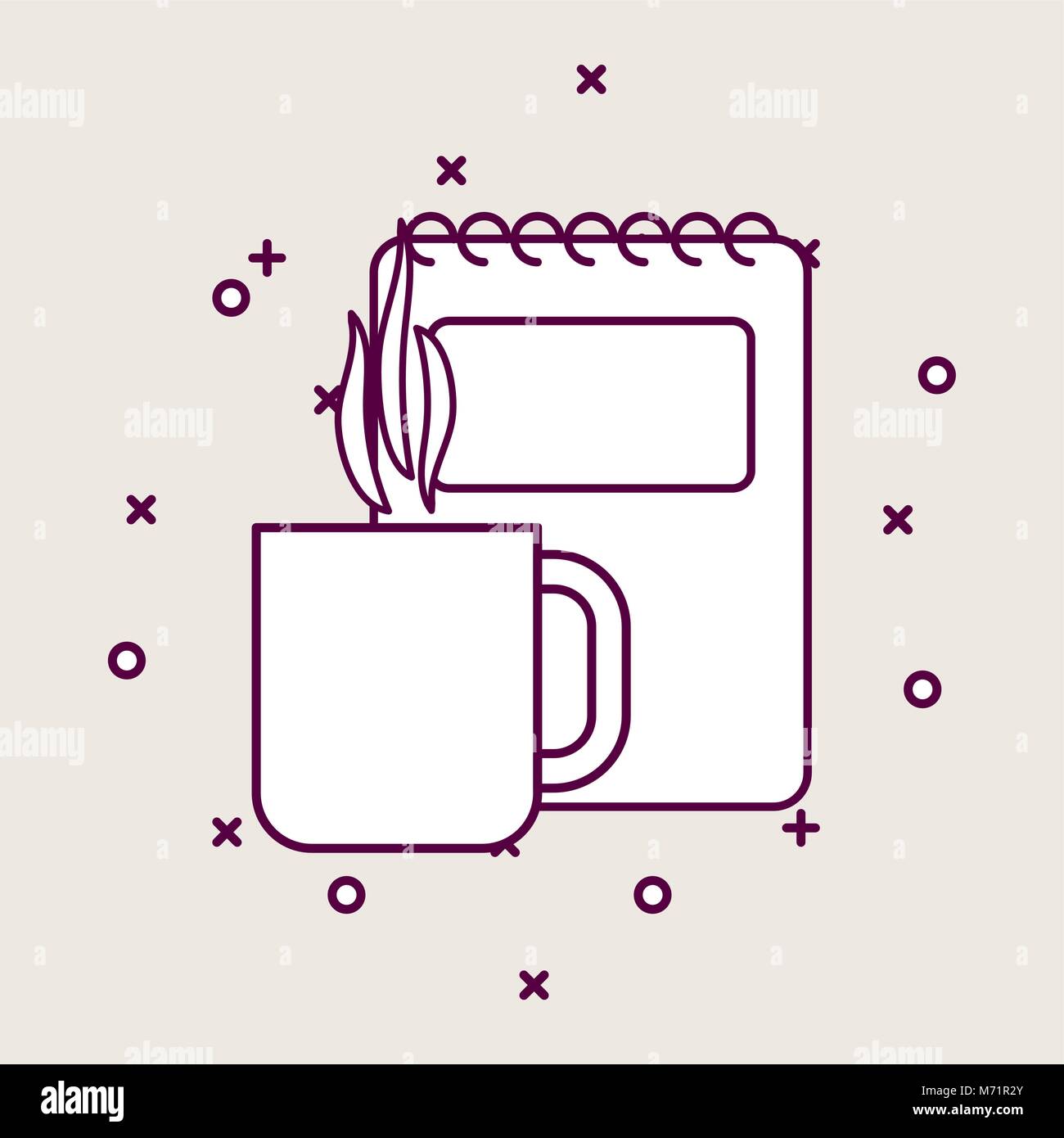Notepad and coffee mug icon over white background, line design vector ...