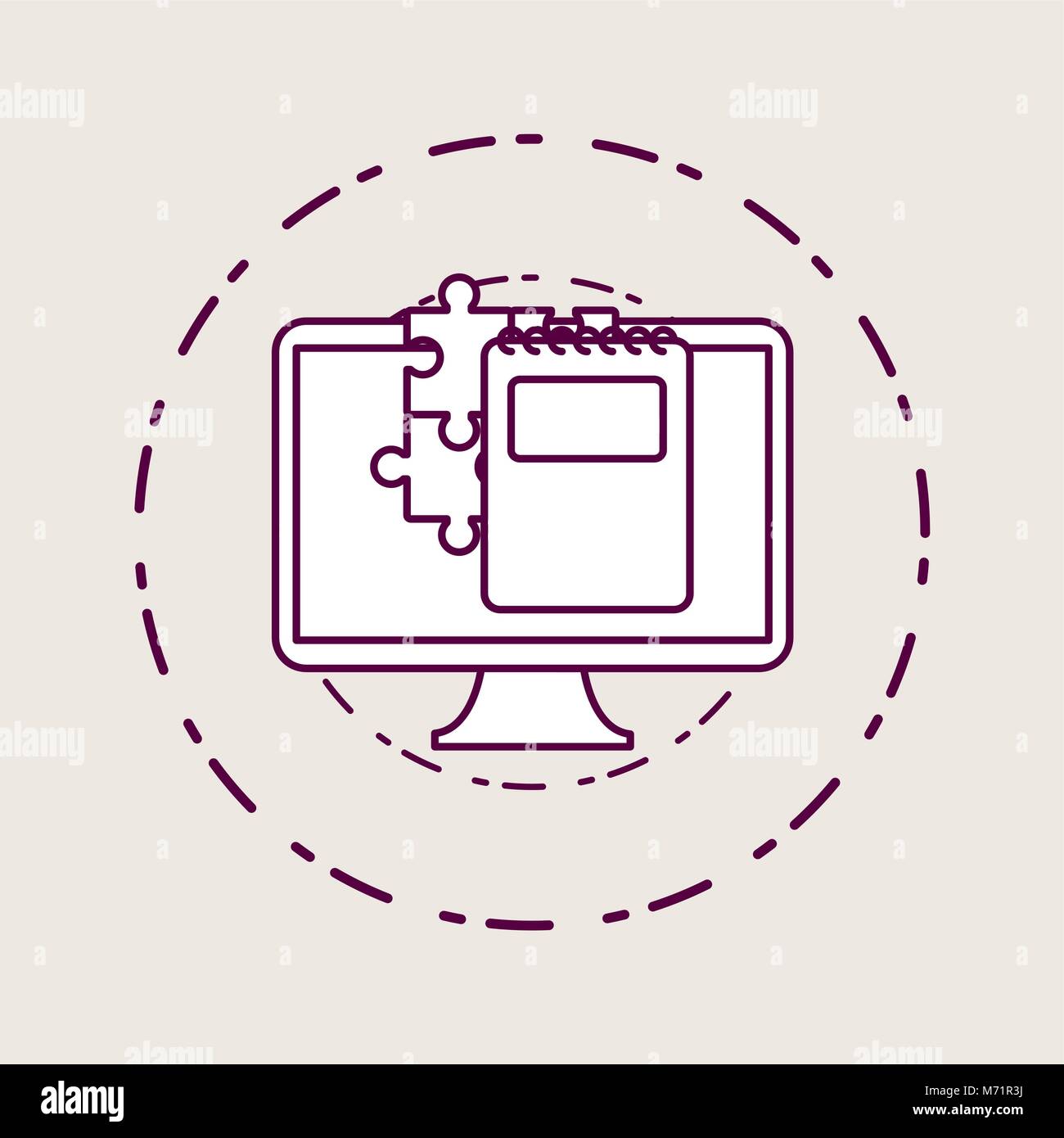 Computer and book and puzzles pieces over white background vector ...
