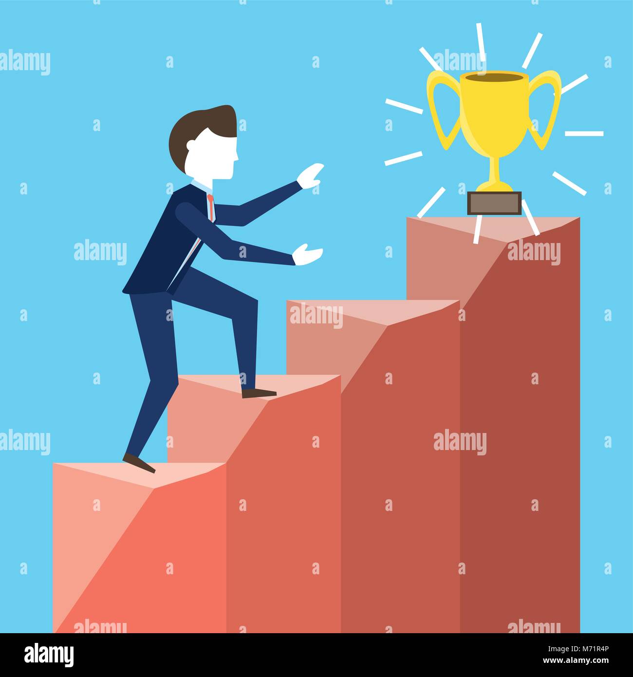 Businessman on the stairs trying to reach a trophy on the top over blue ...