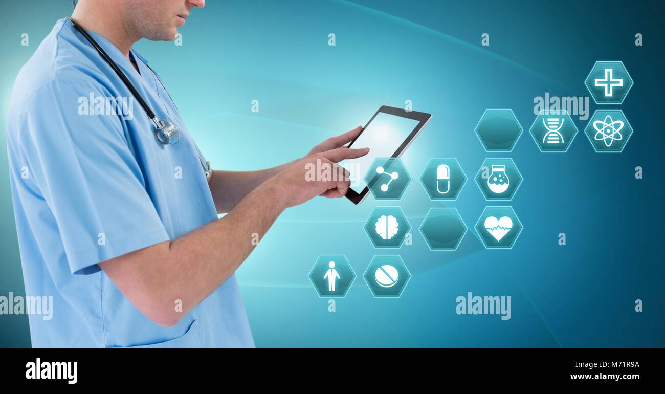 Male doctor holding tablet with medical interface hexagon icons Stock ...