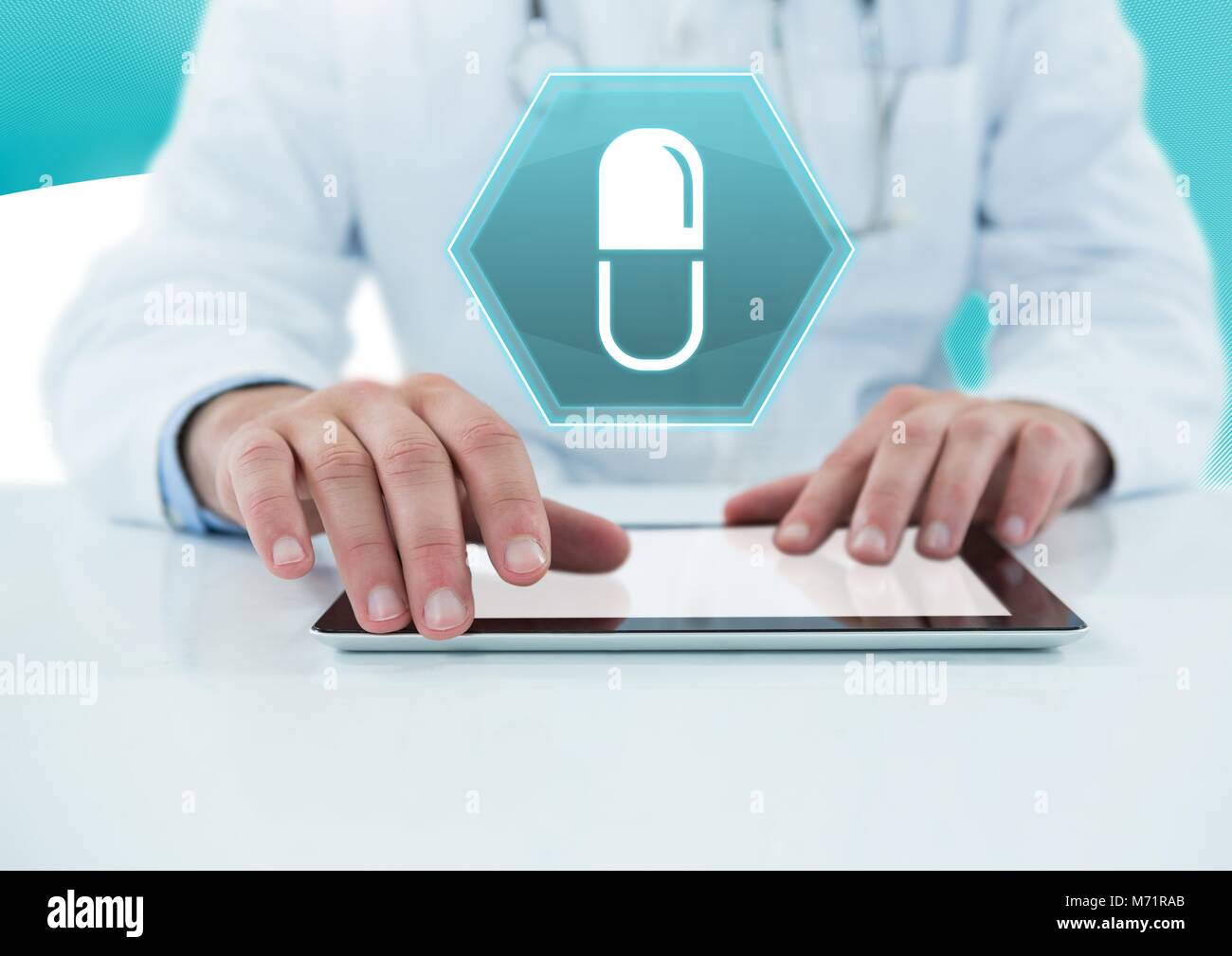 Male doctor holding tablet with medicine tablet drug interface hexagon ...