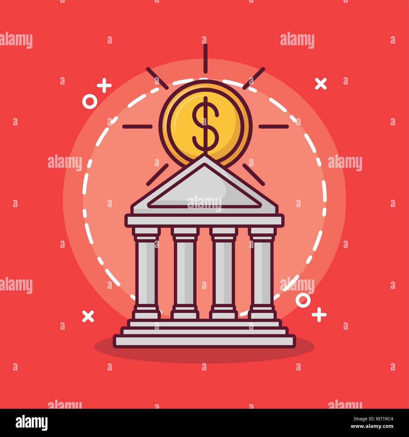 Bank building with money coin over red background, colorful design ...