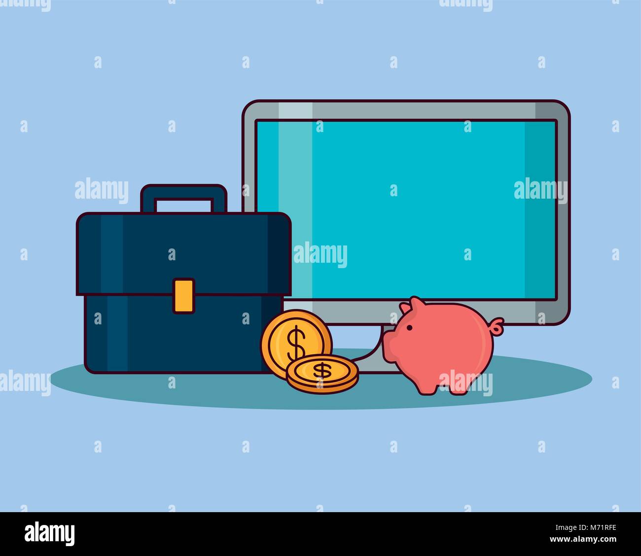 computer with briefcase and piggy bank over blue background, colorful ...