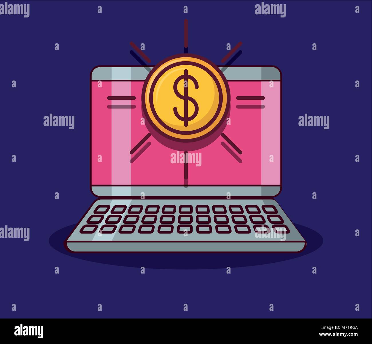 Laptop computer and coin over purple background, colorful design vector ...