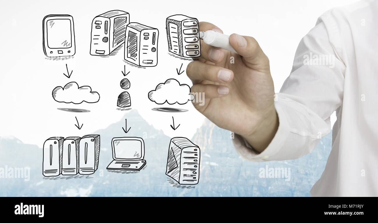 Servers network doodle being drawn by hand Stock Photo - Alamy