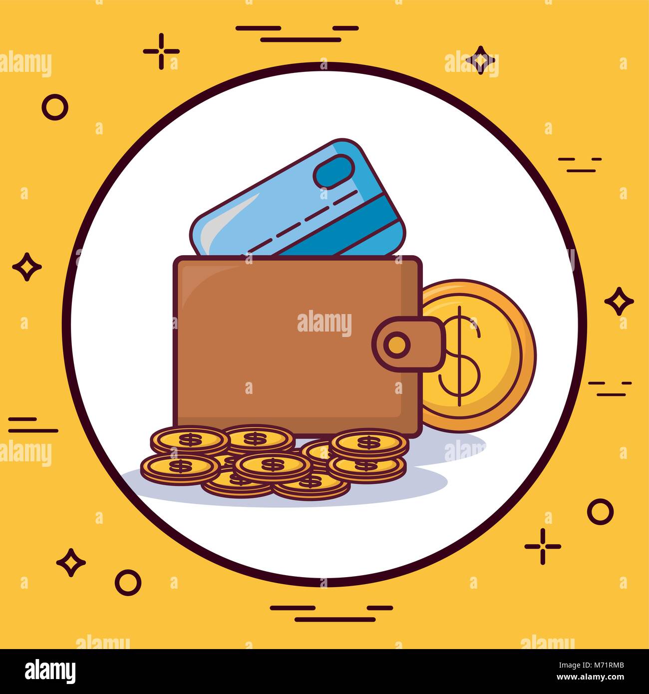 Wallet with money coins and credit card over white circle and yellow ...