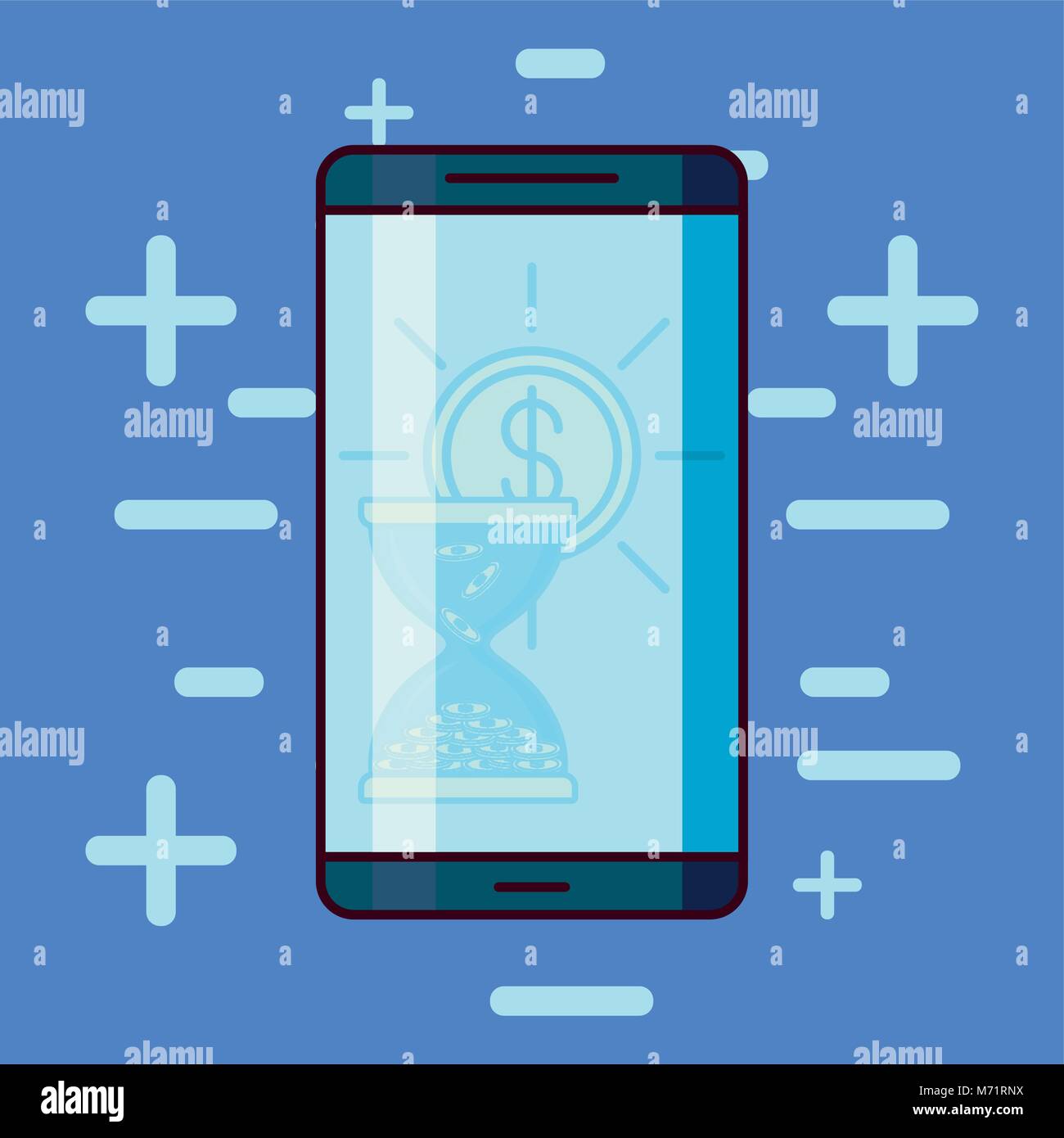 Smartphone with hourglass and clock on screen over blue background ...