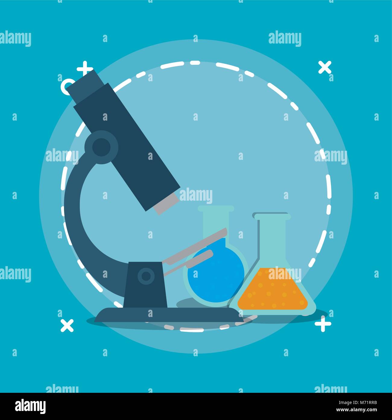 microscope and chemical flasks over blue background, colorful design ...