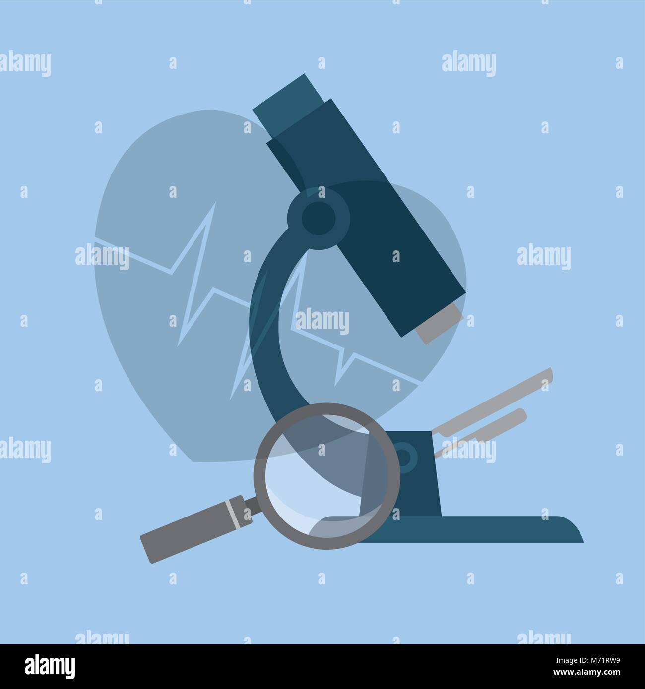 Microscope and magnifying glass over blue background, colorful design ...