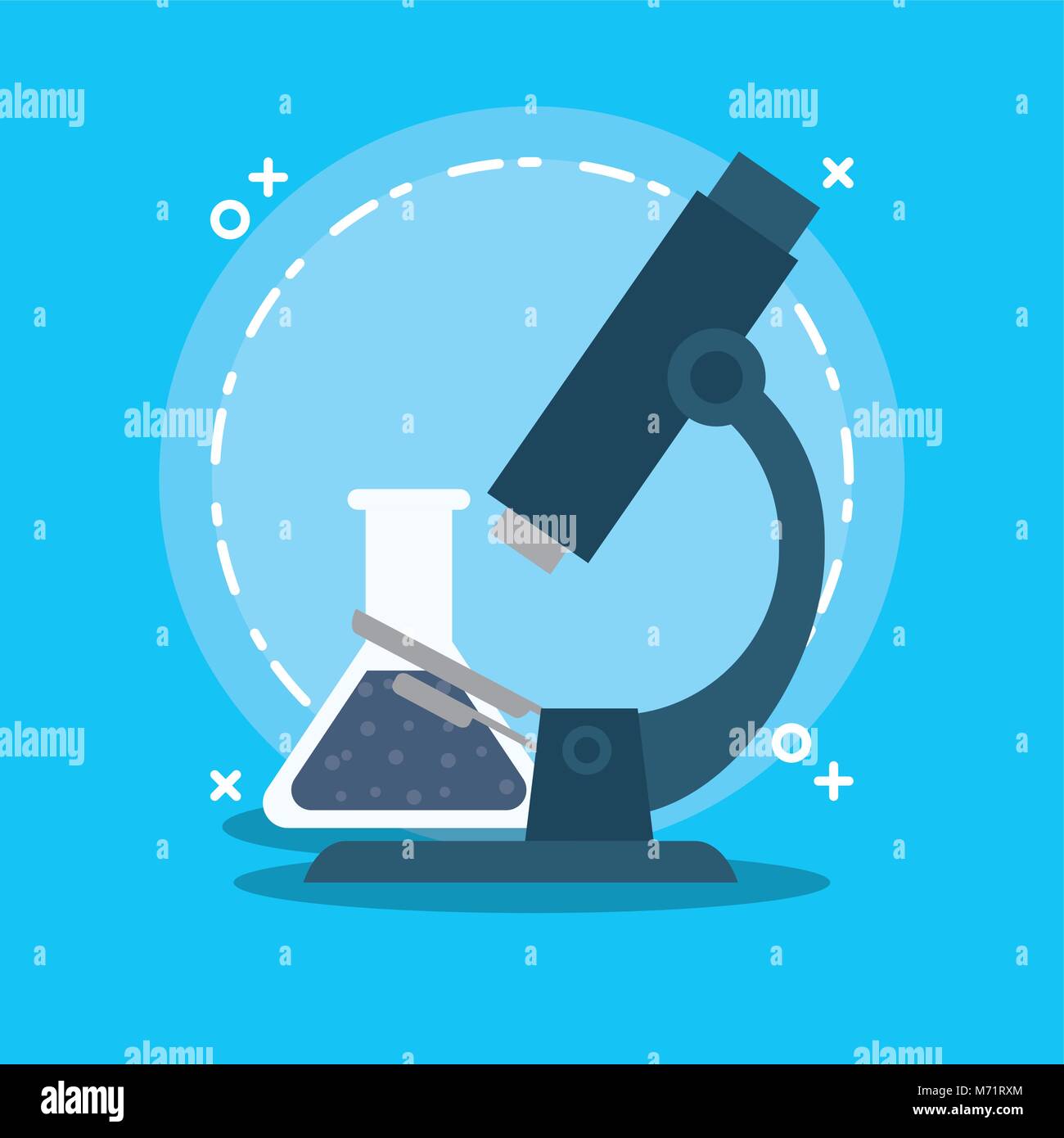Microscope and chemical flask over blue background, colorful design ...