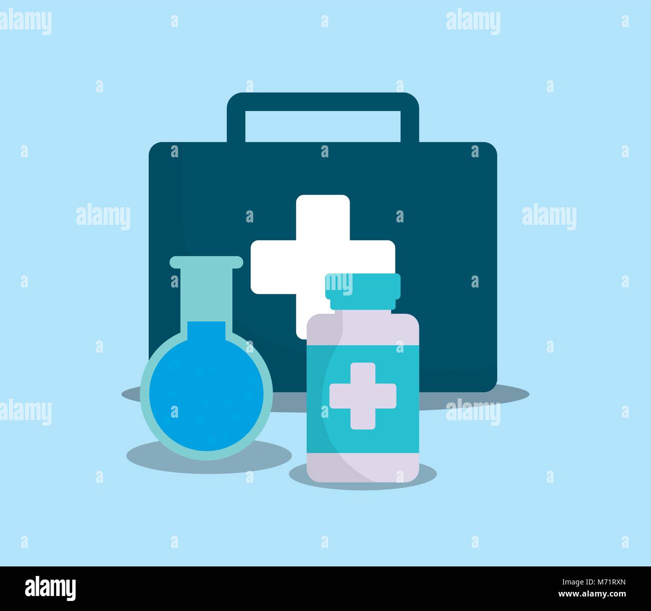 First aid kit with chemical flask and medicine bottle over blue ...