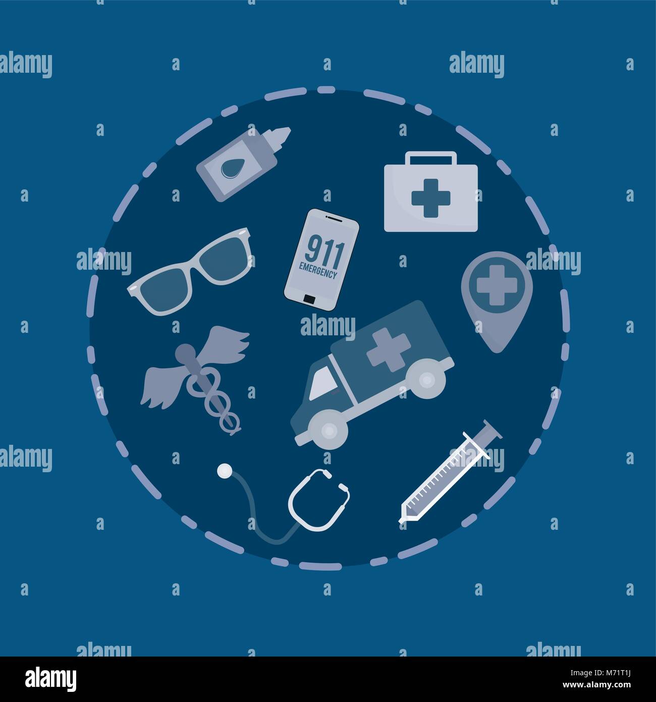 Circle shape with Medical service related icons around over blue ...