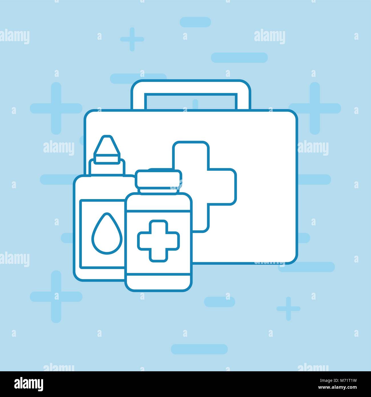 First aid kit and medicine bottles over blue background vector ...
