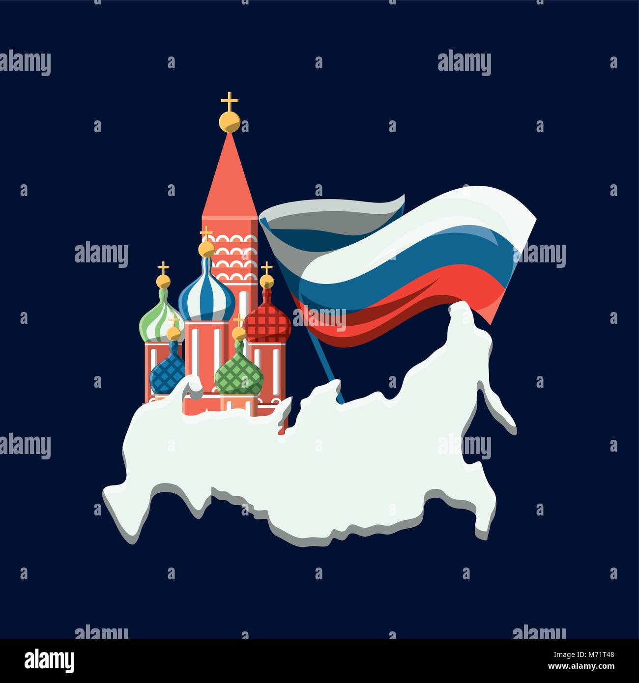Saint Basils Cathedral and russia map and flag over blue background ...