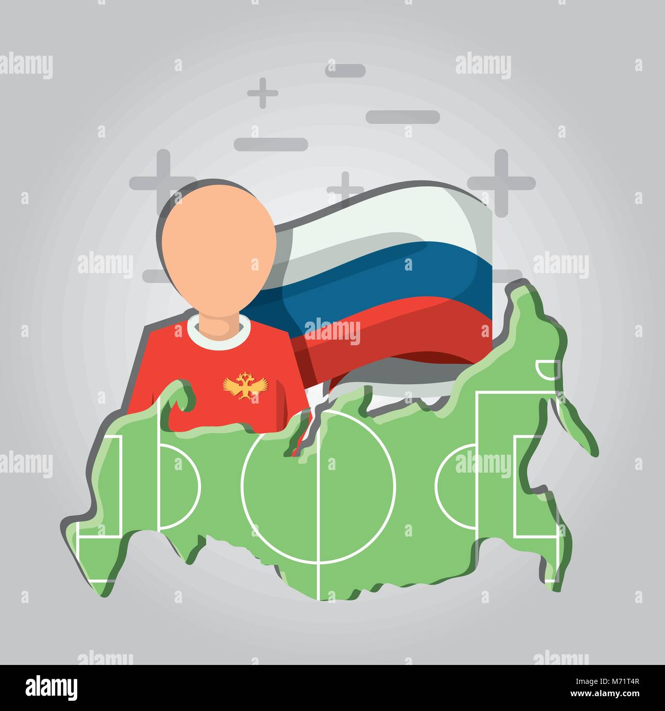 Russia flag and map with soccer player and field over gray background ...