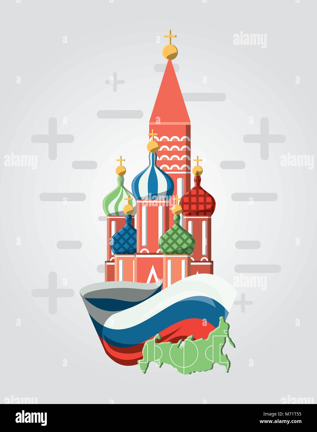Saint Basils Cathedral and russia flag over white background, colorful ...